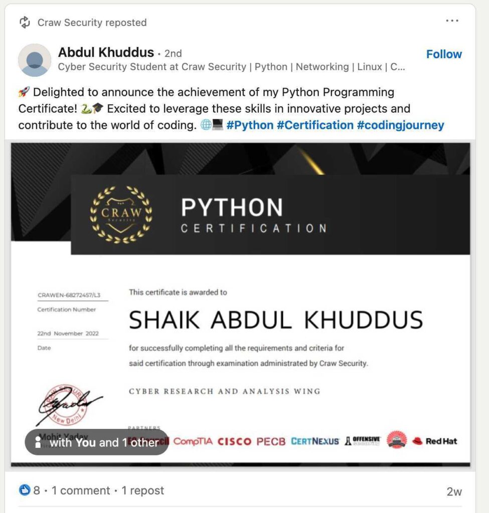 Abdul Khuddus: Obtaining Python Programming Certificate from Craw ... Abdul Khuddus: Obtaining Python Programming Certificate from Craw ...